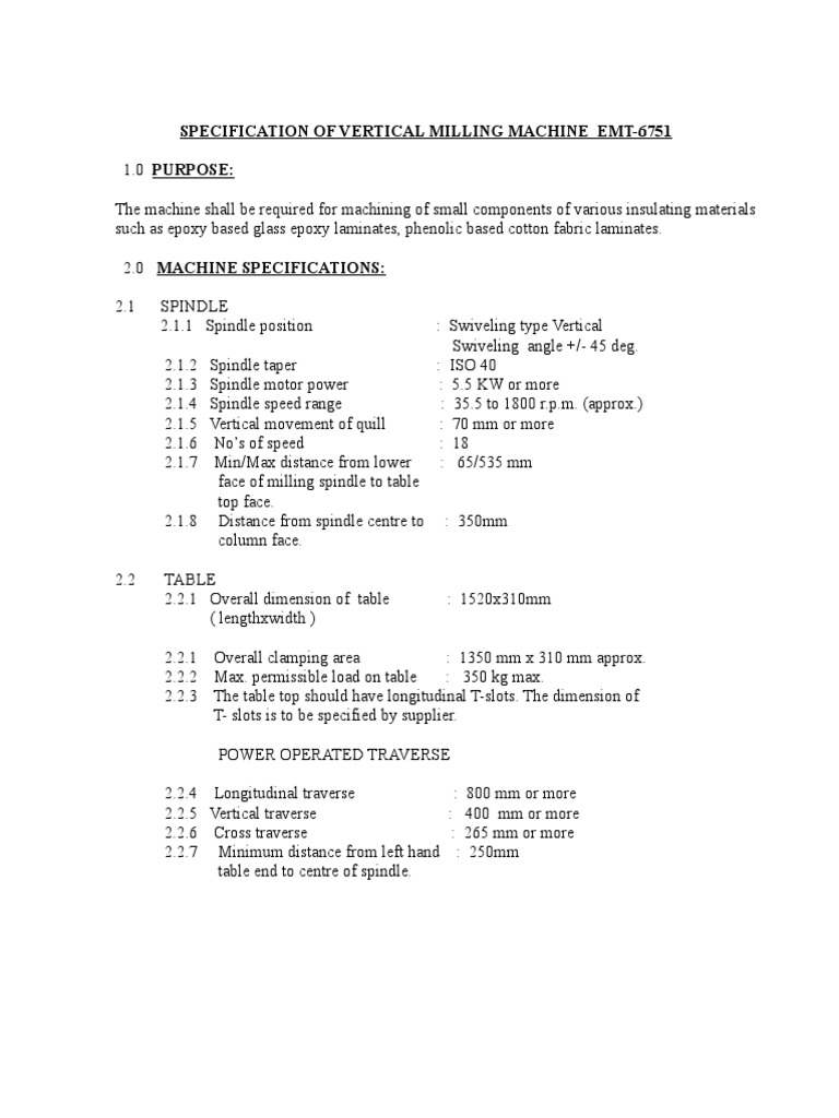 Specification of Vertical Milling Machine Emt-6751 | Download Free PDF ...