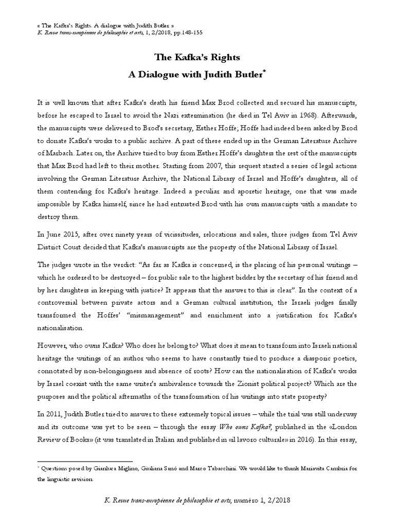 The Kafka's Rights. A Dialogue With Judith Butler (K Revue) | PDF ...