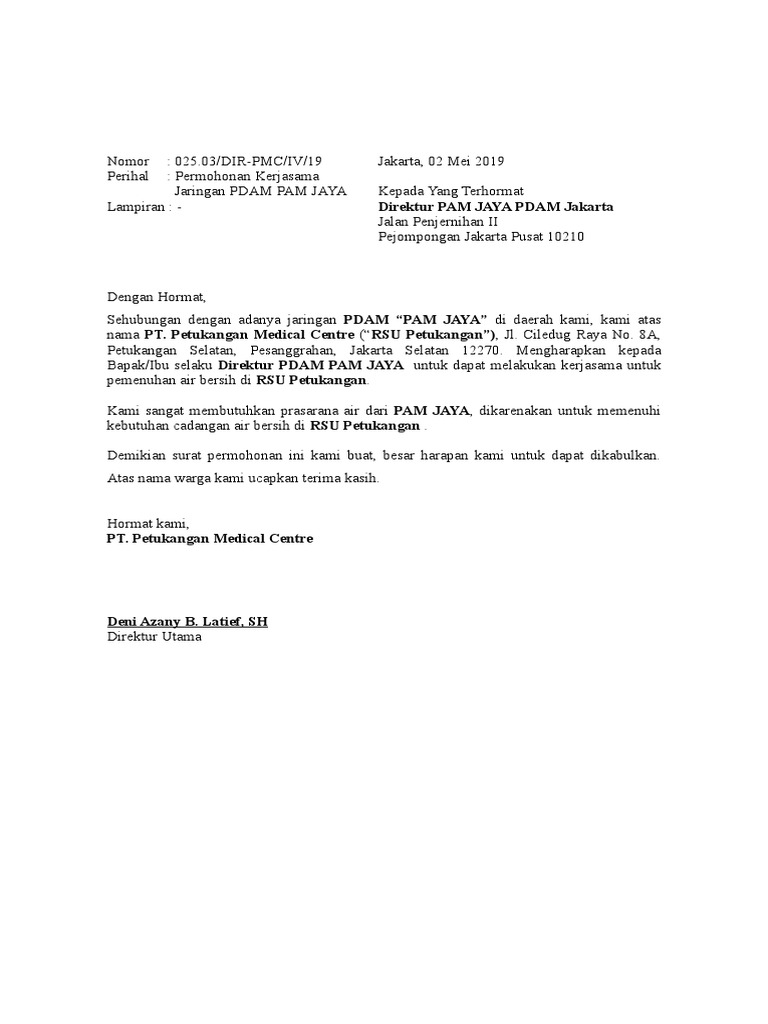 Surat Permohonan Kerjasama PDAM PAM JAYA | PDF