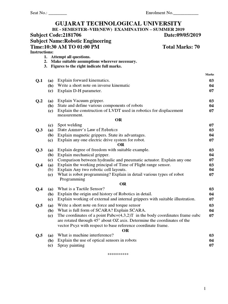 Robotics QP Sum19 | PDF | Robotics | Robot