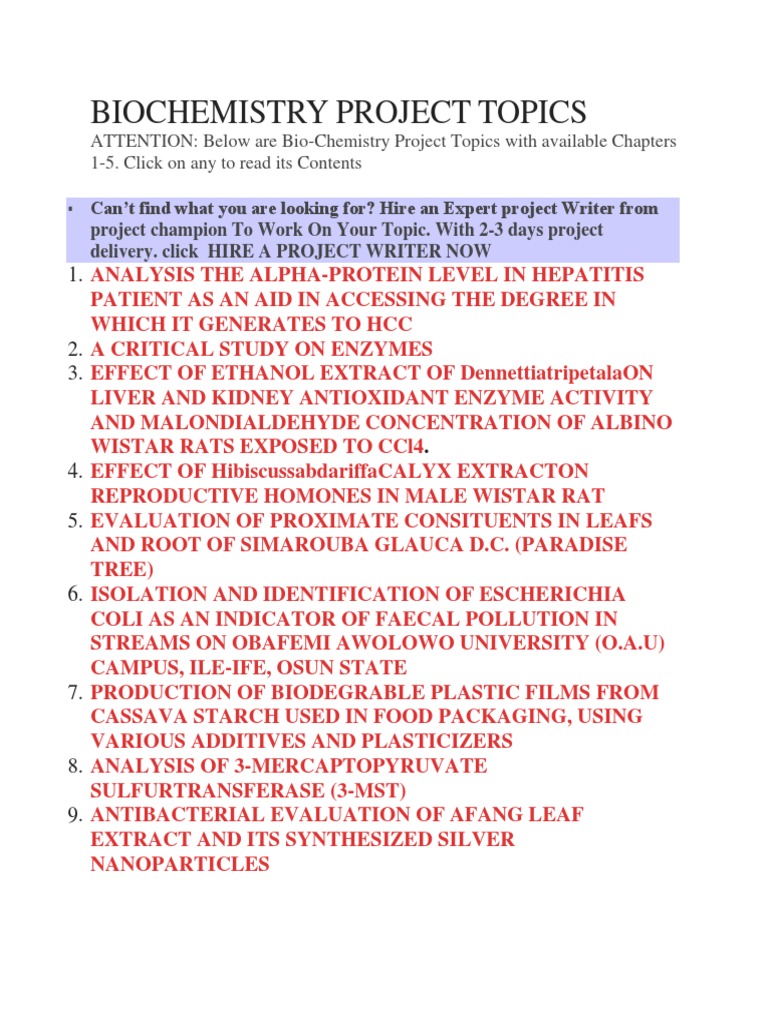 Biochemistry Project Topics | PDF | Biochemistry | Chemistry