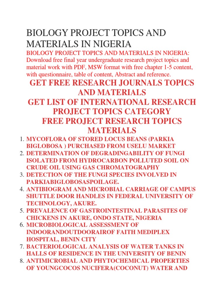 Biology Project Topics in Nigeria | PDF | Teachers | Antimicrobial ...