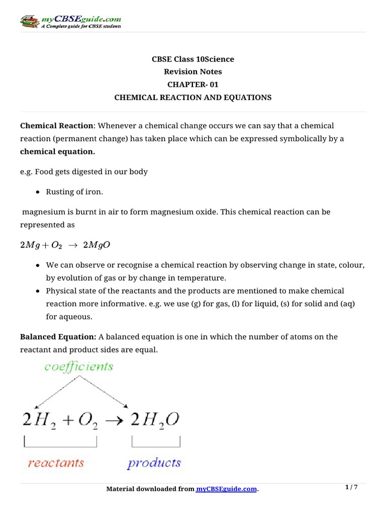 Class 10 Chemical Reactions Notes | PDF | Chemical Reactions | Redox