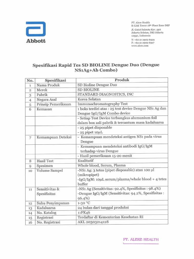 Spesifikasi SD BIOLINE Dengue Duo (Dengue NS1Ag +ab Combo) | PDF