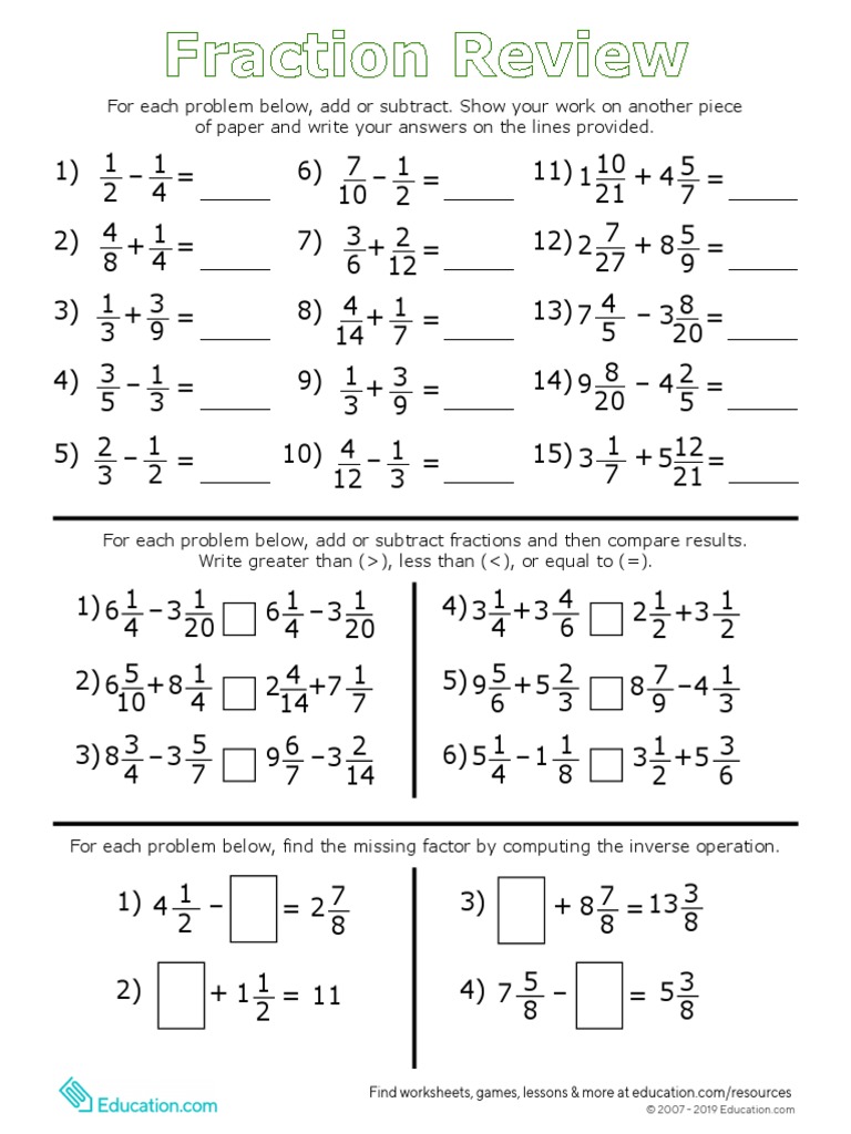 Fraction Review Addition Subtraction Inequalities | PDF | Numbers ...