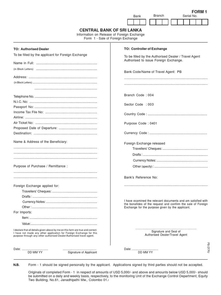 Central Bank Form No 1 | PDF | Foreign Exchange Market | Travel Agency