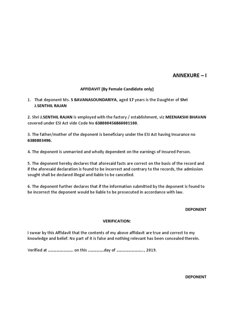 Annexure - I: AFFIDAVIT (By Female Candidate Only) J.Senthil Rajan | PDF | Affidavit | Virtue