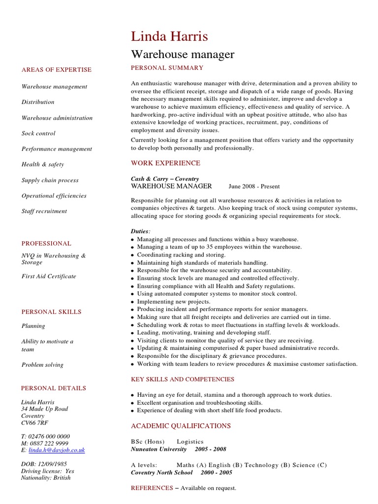 Warehouse Manager CV Template PDF | PDF | Warehouse | Employment