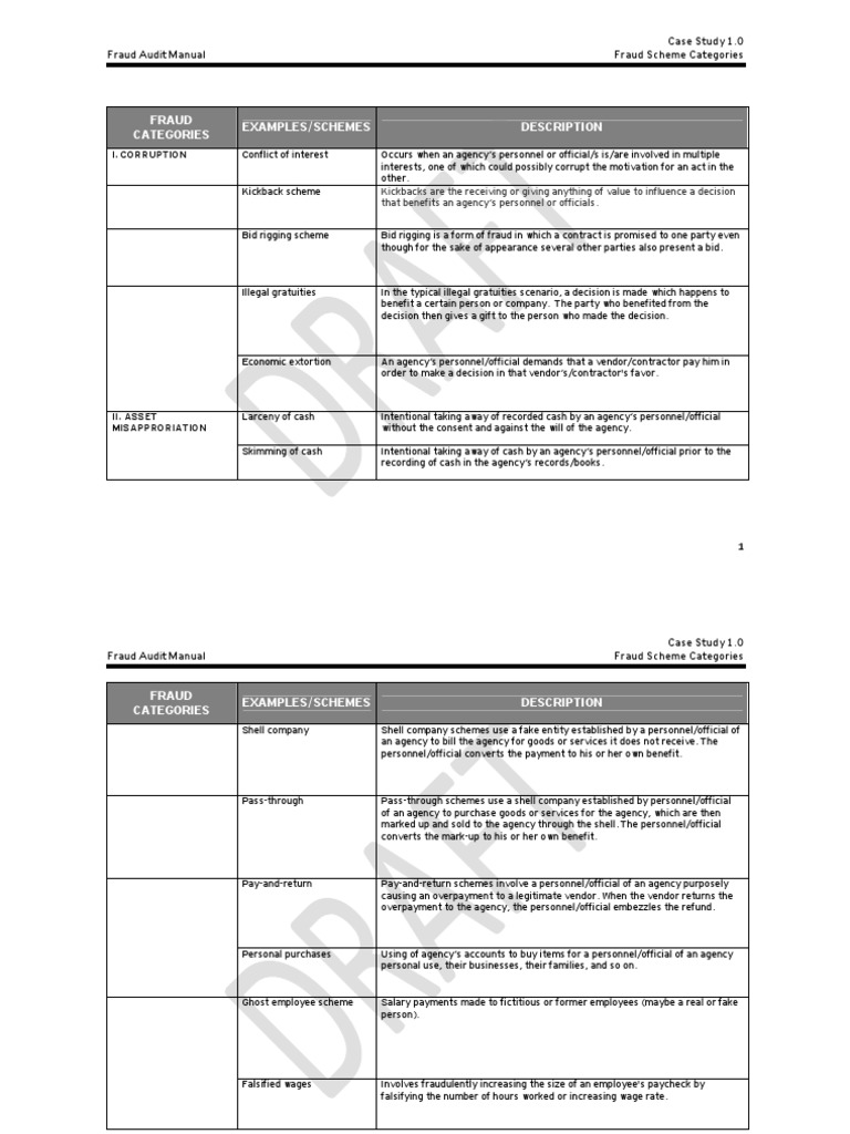 Fraud Categories Examples/Schemes Description: Case Study 1.0 Fraud ...