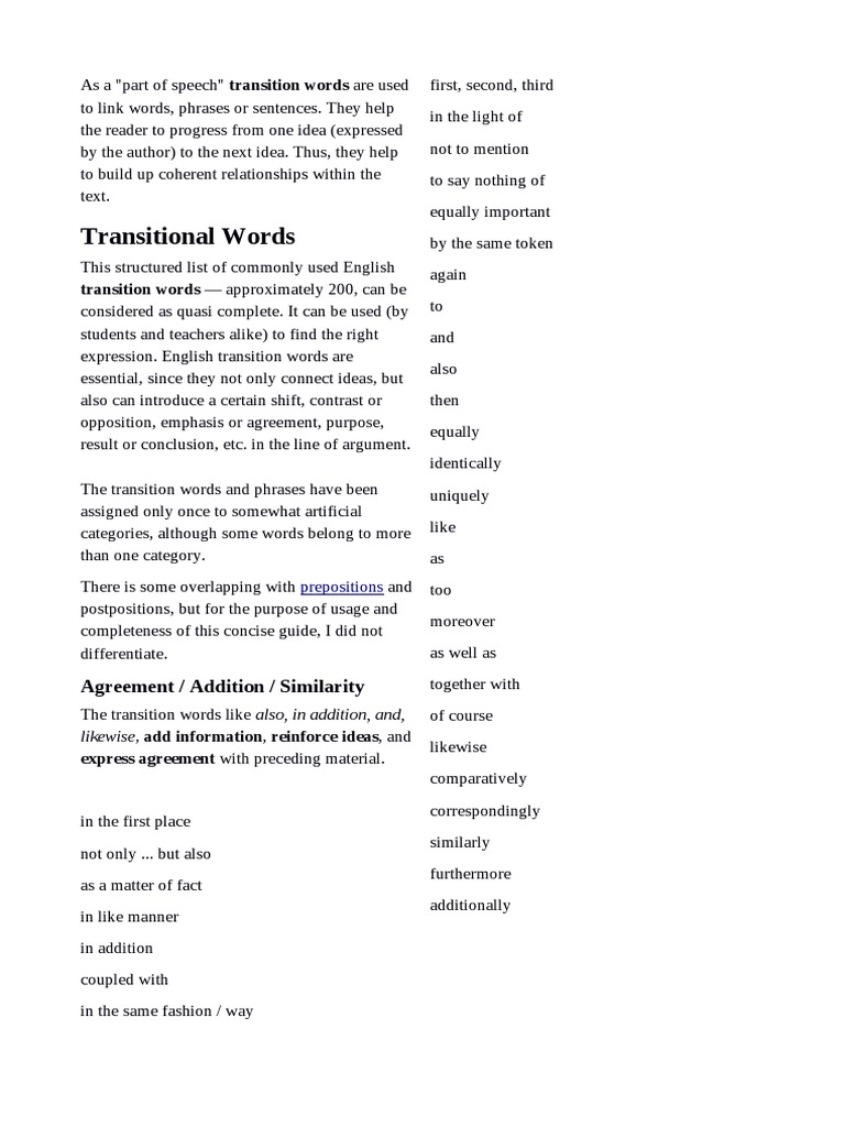 Transitional Words: Transition Words - Approximately 200, Can Be | PDF ...