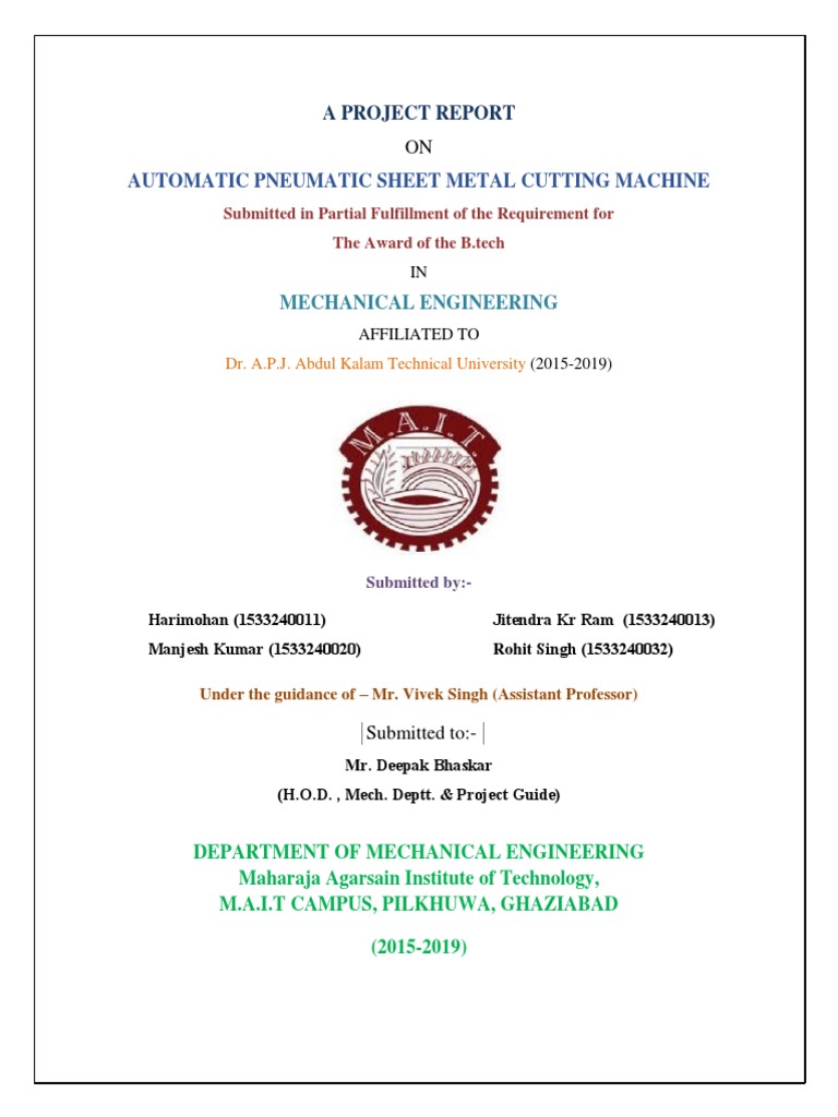 Automatic Pneumatic Sheet Metal Cutting Machine: A Project Report | PDF