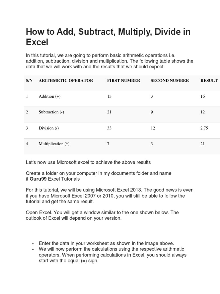 How To Add, Subtract, Multiply, Divide in Excel | PDF