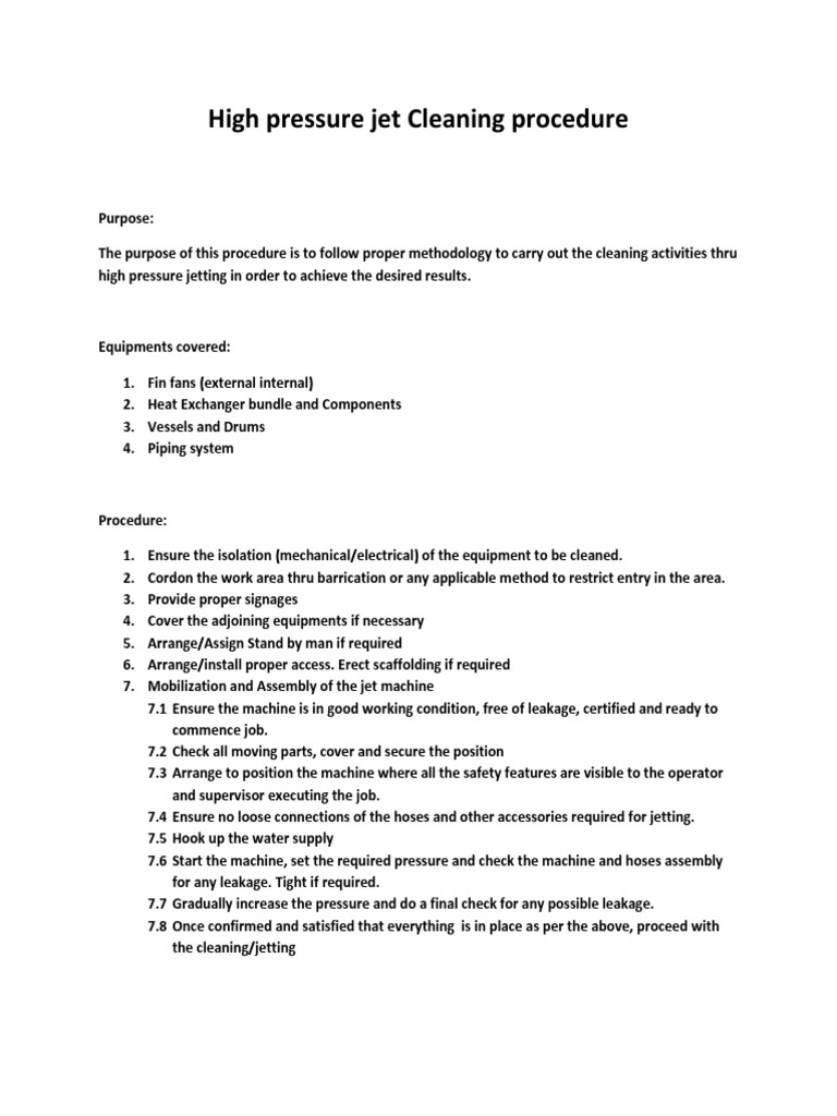 High Pressure Jet Cleaning Procedure | PDF | Machines | Mechanical ...
