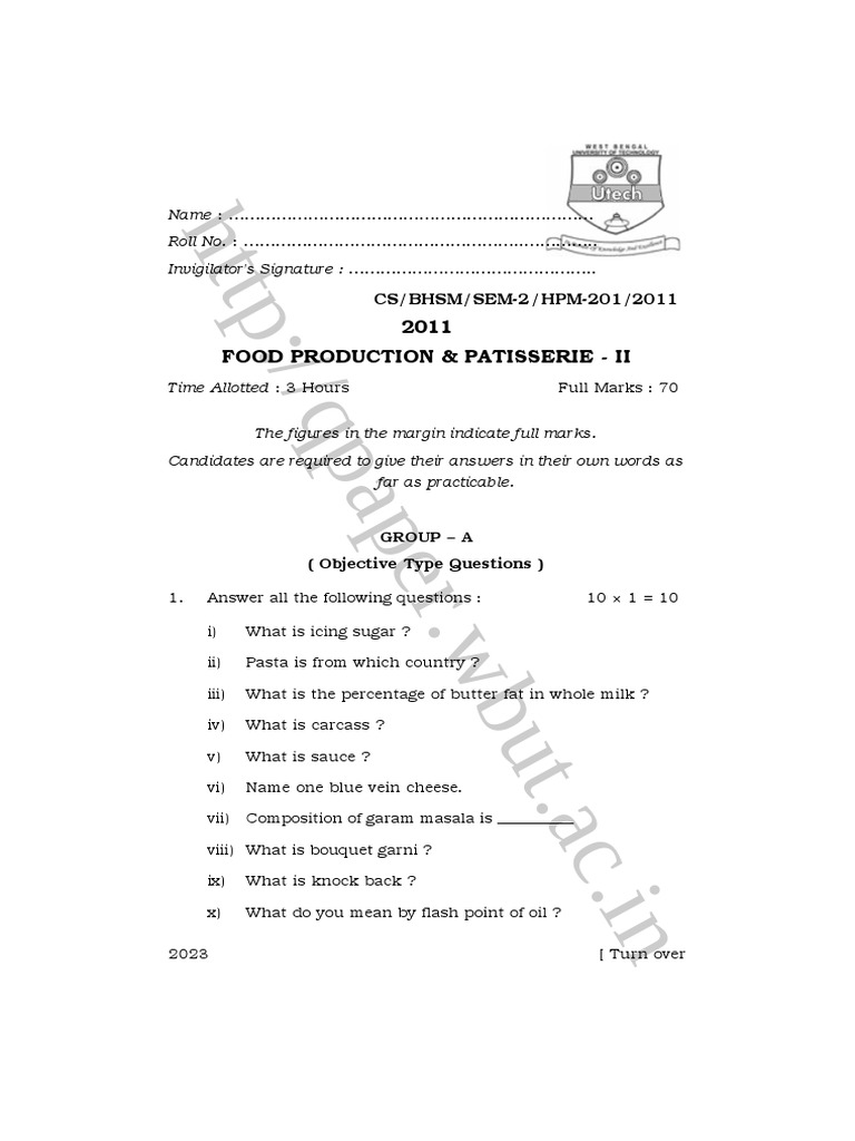 Food Production Exam Paper 2023 | PDF | Cuisine | Food And Drink ...