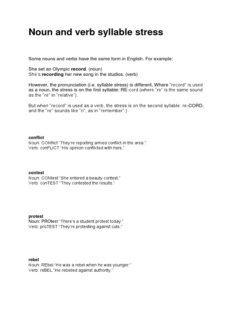Noun and Verb Syllable Stress | PDF | Verb | Stress (Linguistics)