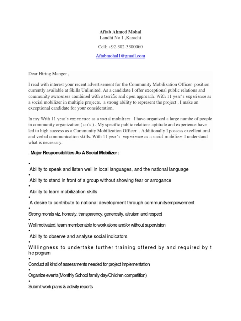 Cover Letter for Community Mobilization Officer