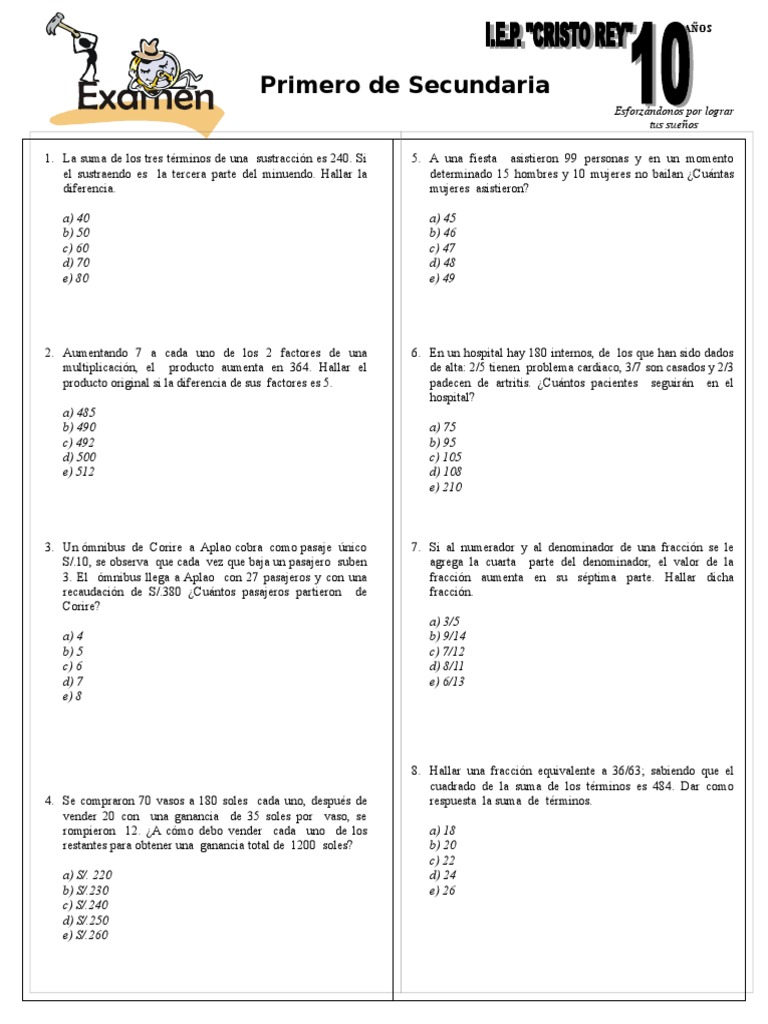 Primero de Secundaria | PDF | Sustracción | Enseñanza de matemática