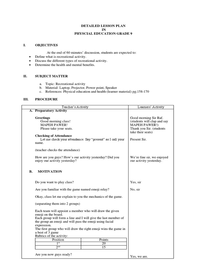 PE Lesson Plan Recreation Activities 1 | PDF | Recreation | Physical ...
