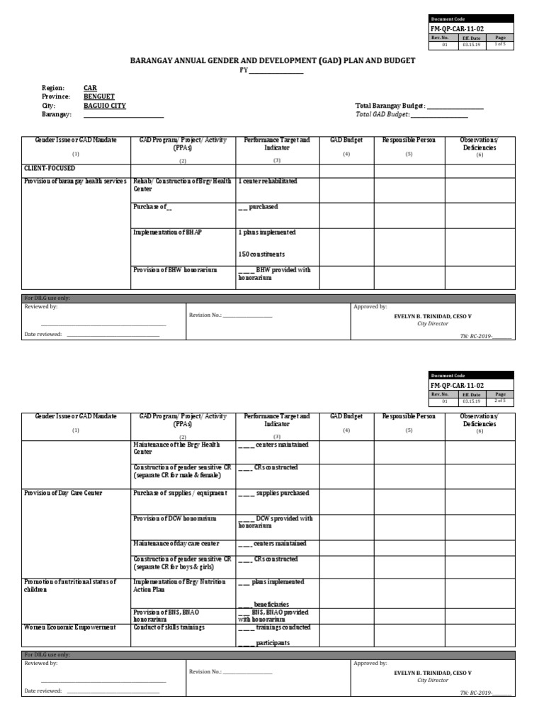 Barangay Annual Gender and Development (Gad) Plan and Budget | Download ...