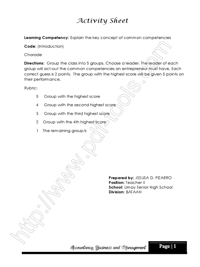 Entrepreneurship Activity Sheets for Teachers | PDF | Rubric (Academic ...
