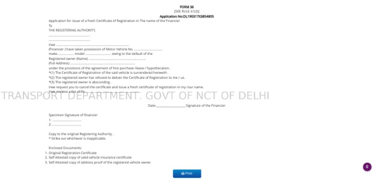 Form 36 Application No:DL190317X3854805: Print | PDF