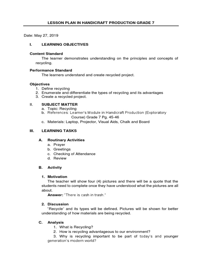 Lesson Plan in Handicraft Production Grade 7 | PDF | Recycling | Lesson ...