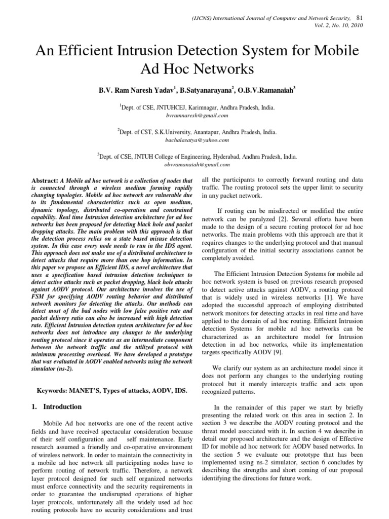 An Efficient Intrusion Detection System For Mobile Ad Hoc Networks | PDF | Routing | Wireless Ad ...