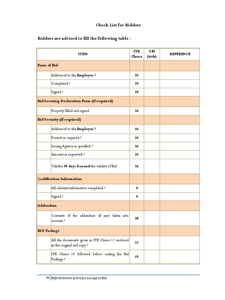 Check List For Bidders: Item ITB Clause YES (Tick) Reference | PDF