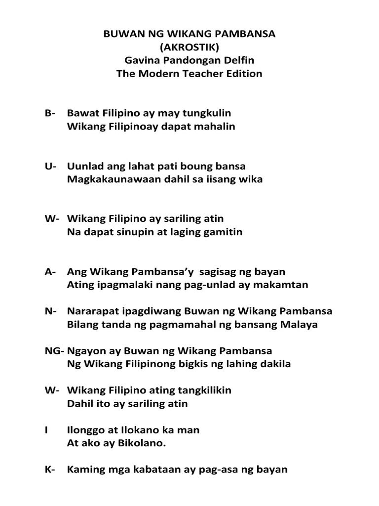 BUWAN NG WIKANG PAMBANSA-Akrostik | PDF