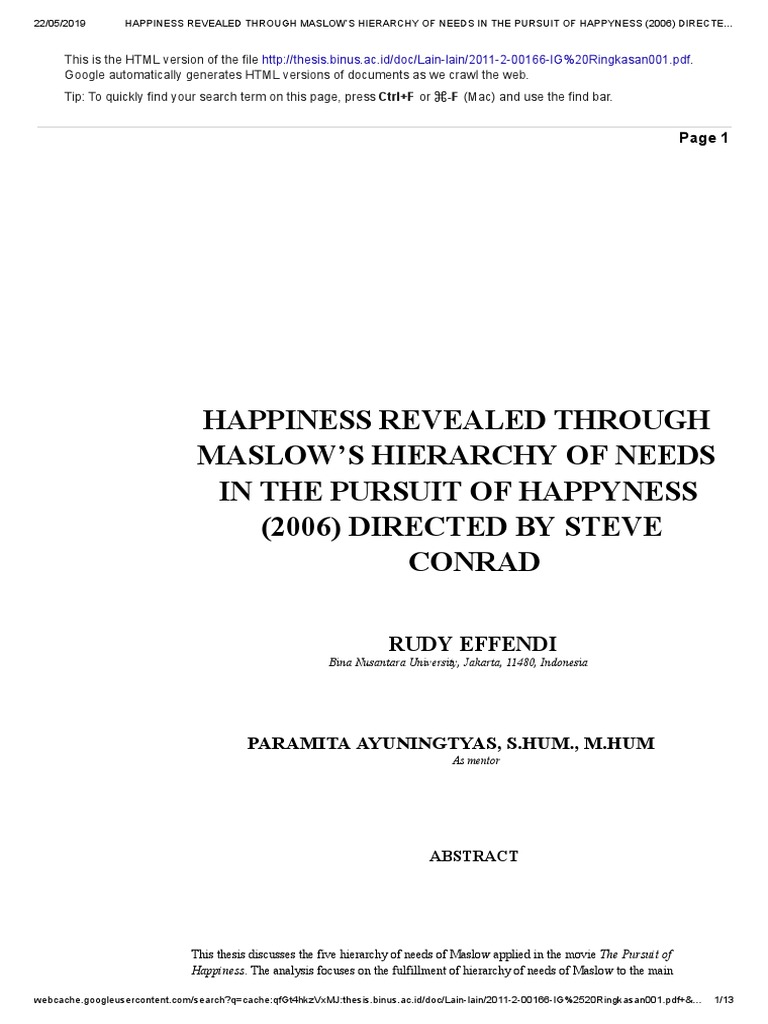 Happiness Revealed Through Maslow's Hierarchy of Needs in The Pursuit ...