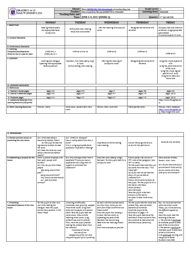 Grade 5 English DLL Q1 Week 1 | PDF | Narrative | Phrase