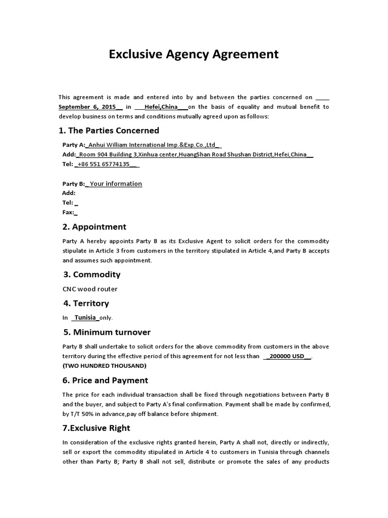 Exclusive Agency Agreement for CNC Router | PDF | Intellectual Property ...