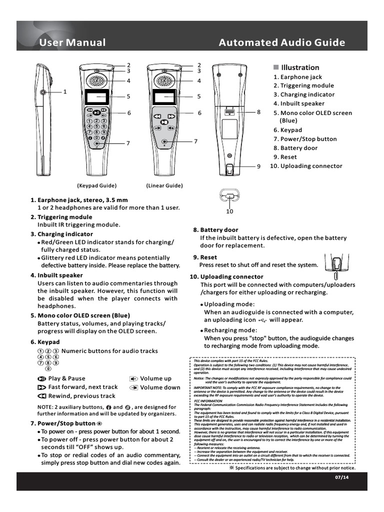 User Manual Automated Audio Guide: 1. Earphone Jack, Stereo, 3.5 MM 2 ...