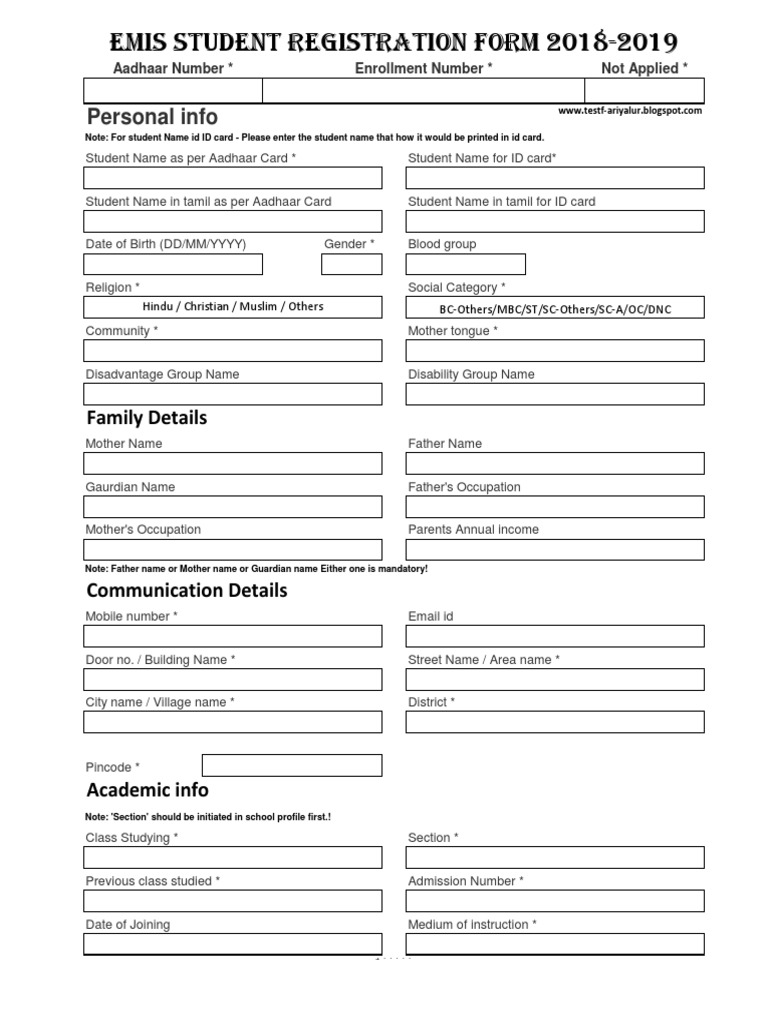 EMIS Student Registration Form 2018 | PDF