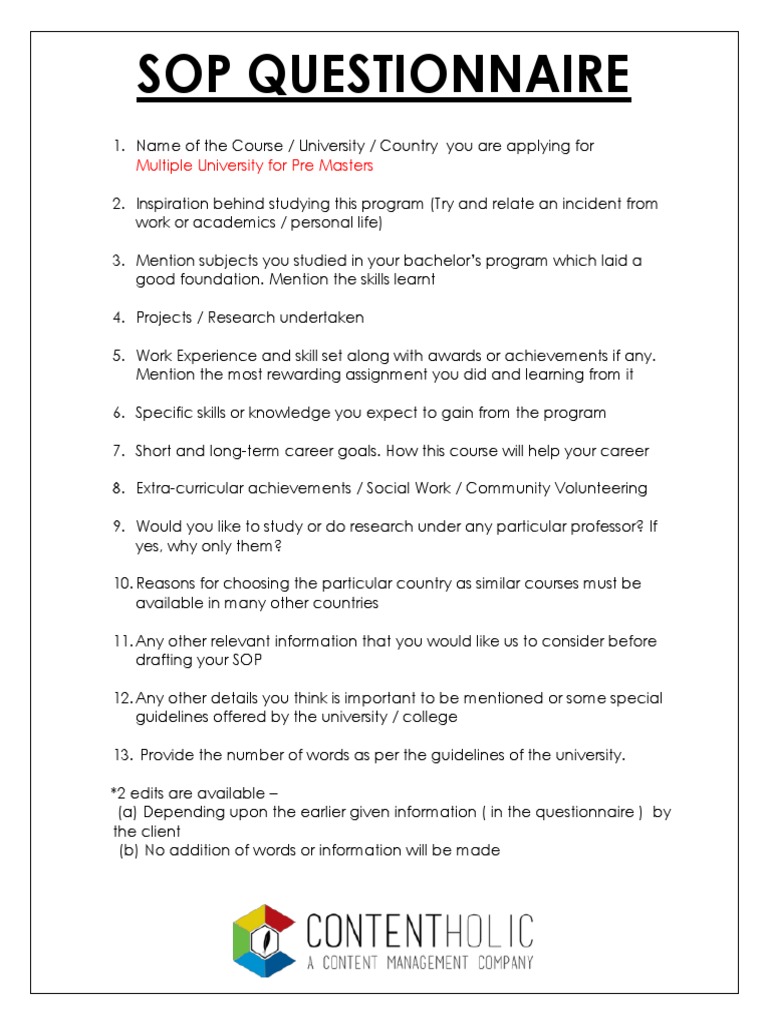 Sop Questionnaire: Multiple University For Pre Masters | PDF