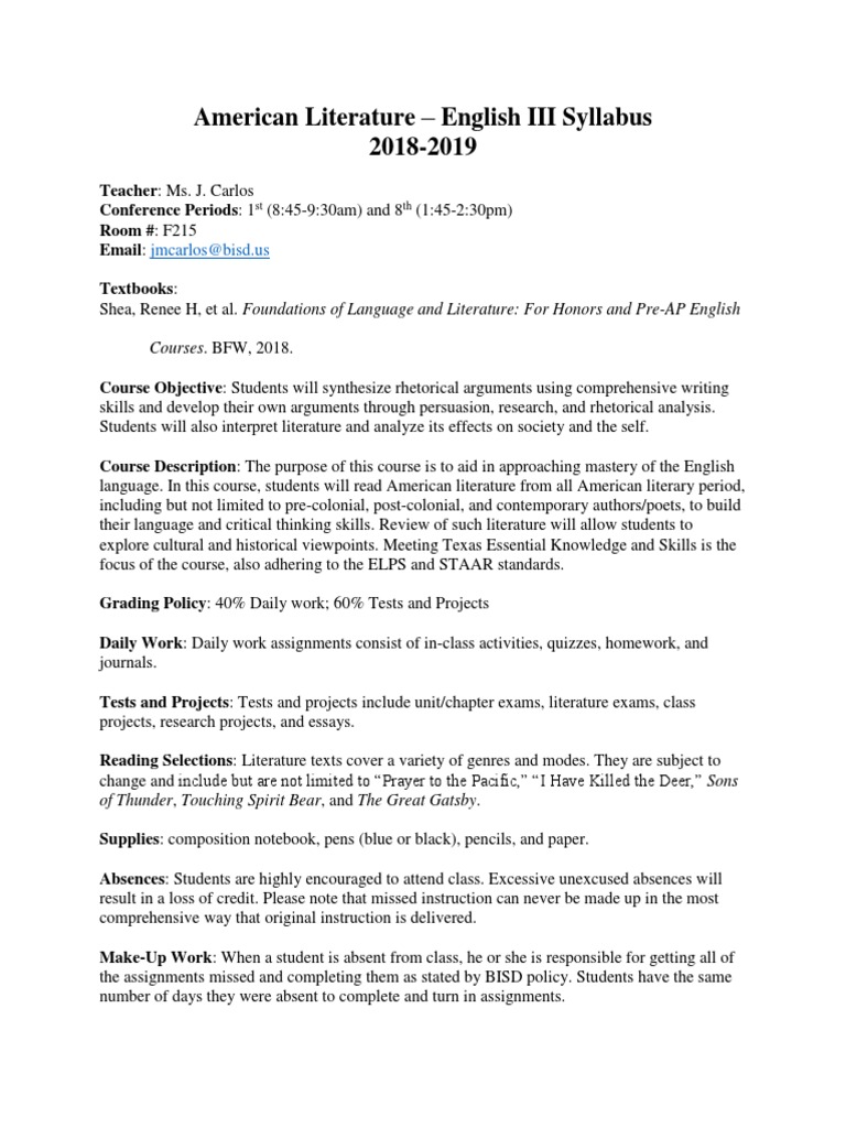 American Literature Syllabus 2018-19 | PDF | Homework | Test (Assessment)
