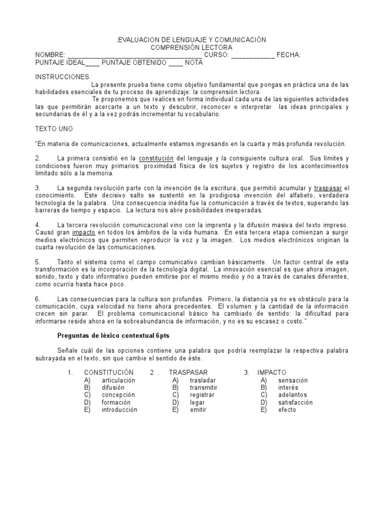 Prueba de Comprensión Lectora | PDF | Comprensión lectora | Medios de ...