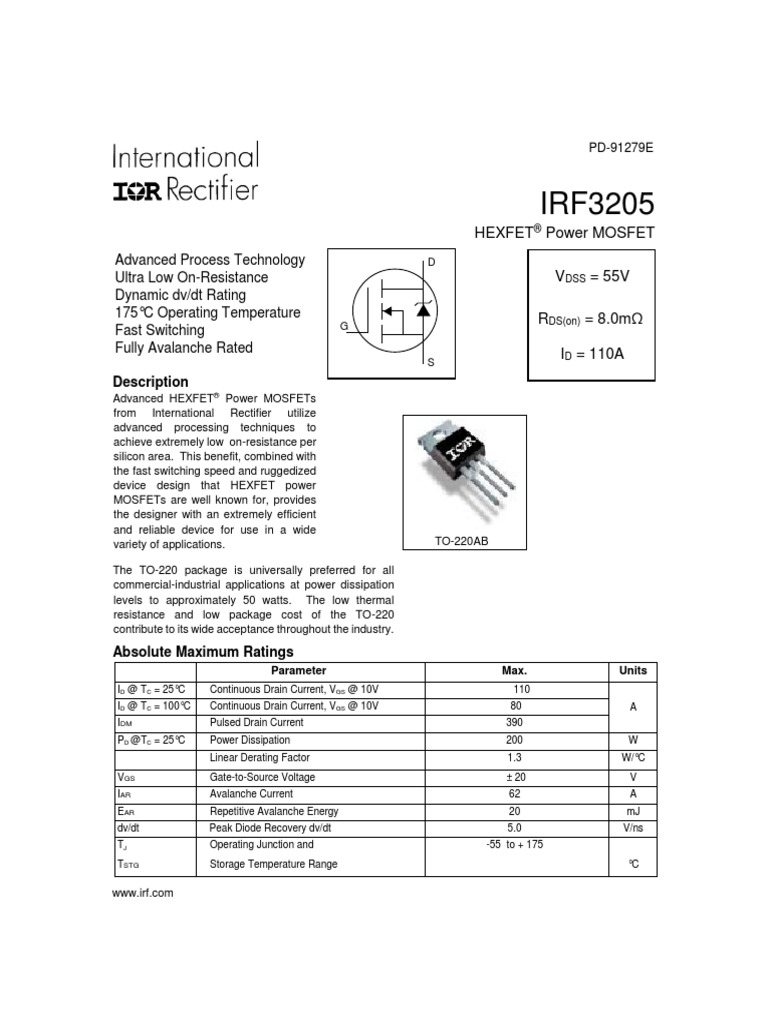 Irf 3205 | PDF | Field Effect Transistor | Mosfet