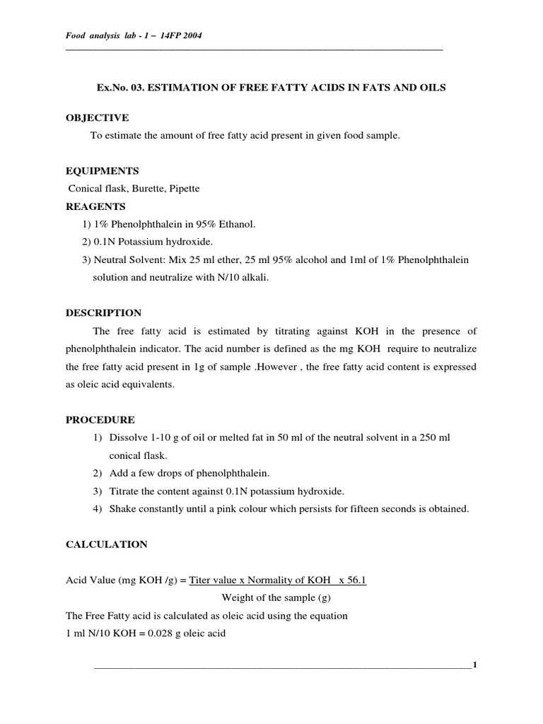 Ex - No. 03. Estimation of Free Fatty Acids in Fats and Oils: Food ...