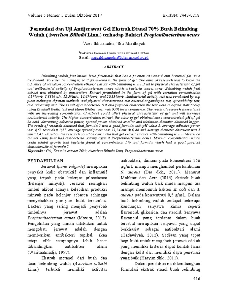 Formulasi Dan Uji Antijerawat Gel Ekstrak Etanol 70% Buah BelimbingWuluh (Averrhoa Bilimbi Linn ...