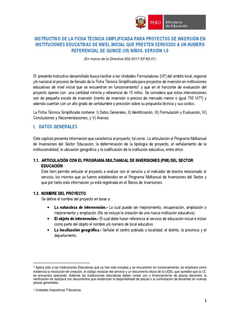 Instructivo de La Ficha Técnica Simplificada para Proyectos de Inversión en Instituciones ...