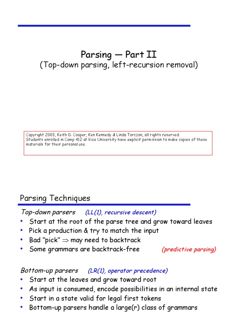 Parsing Part Ii Top Down Parsing Left Recursion Removal Pdf Parsing Formalism