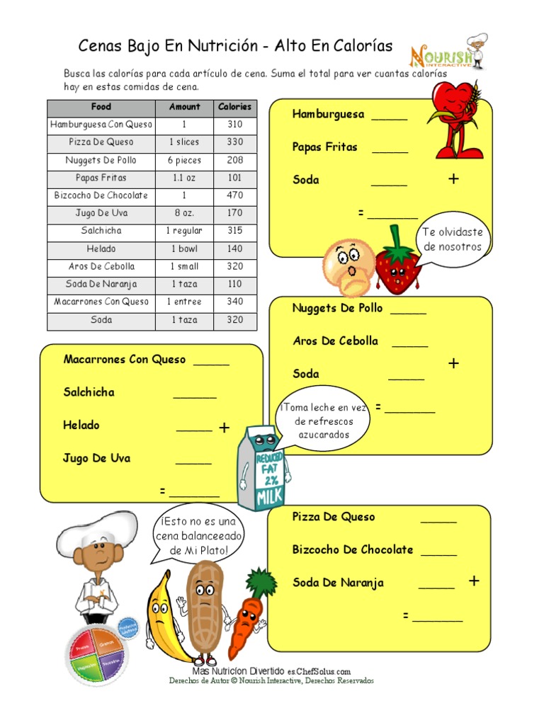 Es Spanish Kids Unhealthy Dinner Fun Nutrition Worksheet Math Calorie ...