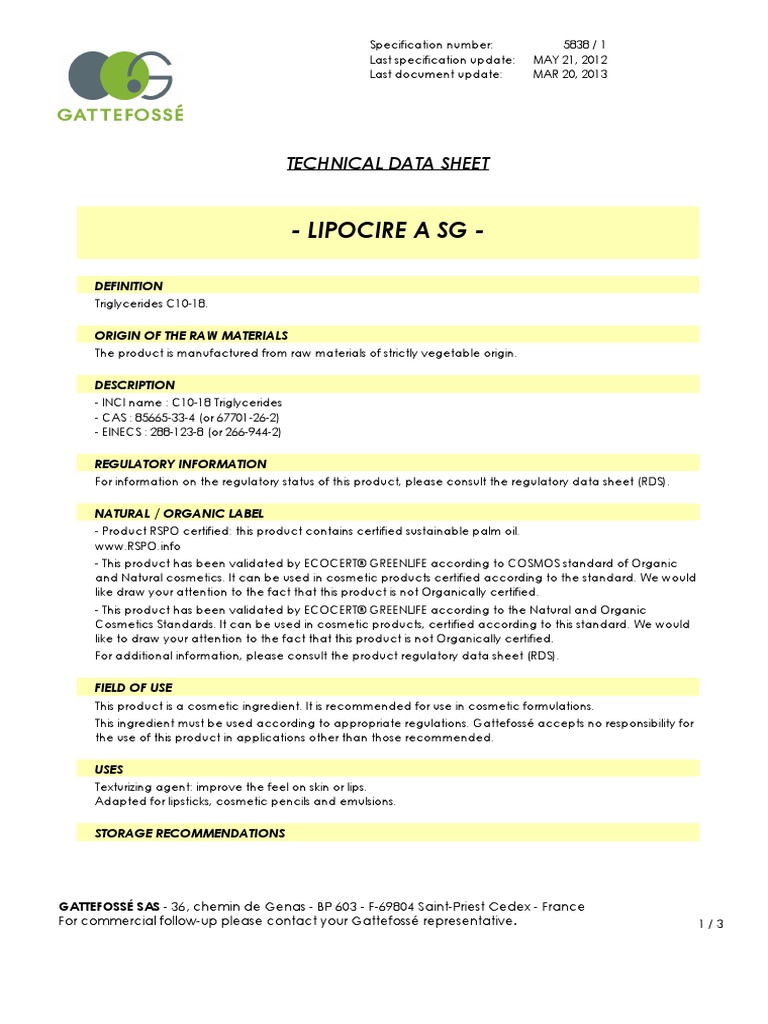 Tds Lipocire A SG | PDF | Cosmetics | Specification (Technical Standard)