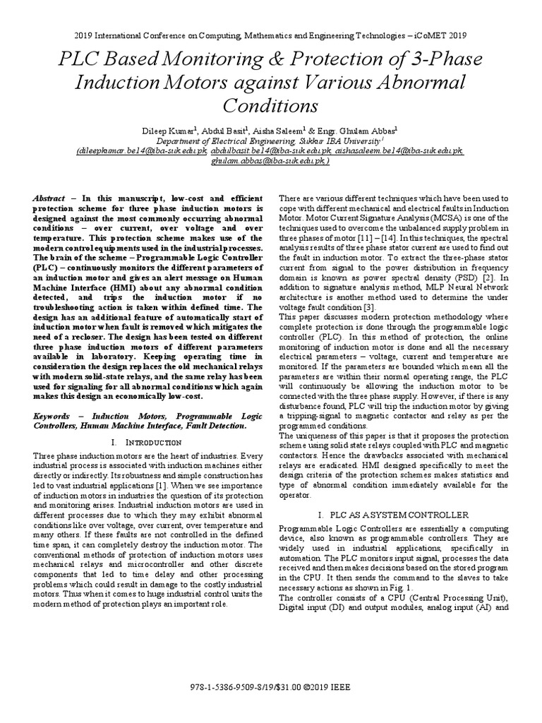 PLC Based Monitoring & Protection of 3-Phase Induction Motors Against Various Abnormal ...