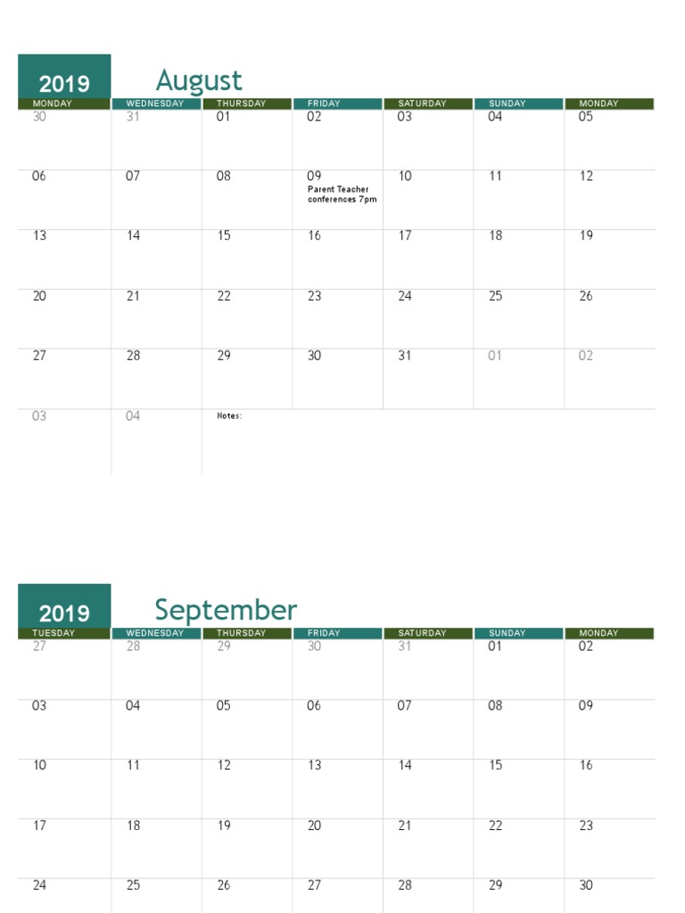 August: Monday Wednesday Thursday Friday Saturday Sunday Monday | PDF