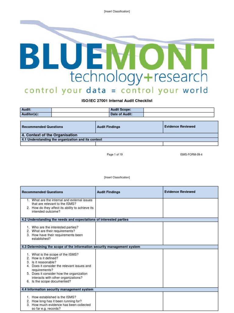 ISMS-ForM-09-4 Internal Audit Checklist-V1 | PDF | Information Security ...