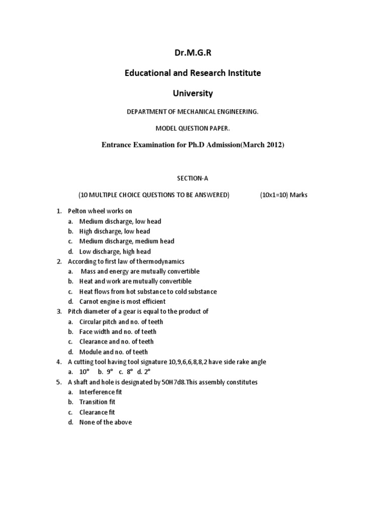 Ph.D. Entrance Exam Model Questions | PDF | Heat Transfer | Heat