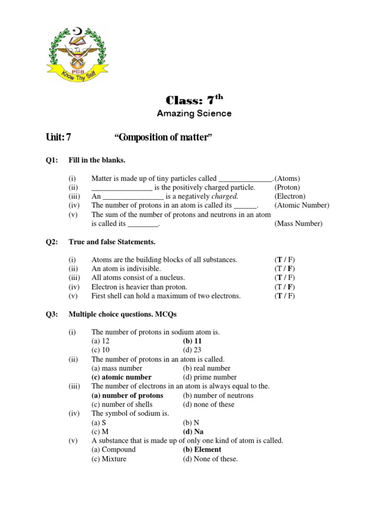 Class: 7: Unit: 7 "Composition of Matter" | Download Free PDF ...
