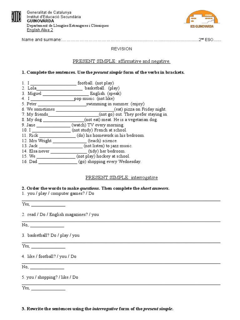 Present Simple Revision | Download Free PDF | English Language | Syntactic Relationships